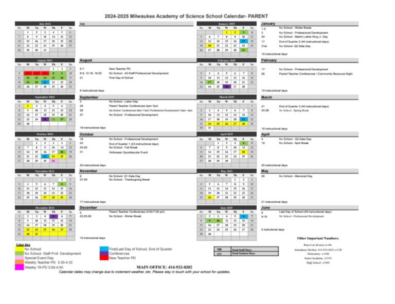 Milwaukee Academy of Science 2024-2025 School Calendar Milwaukee Academy of Science 2024-2025 School Calendar